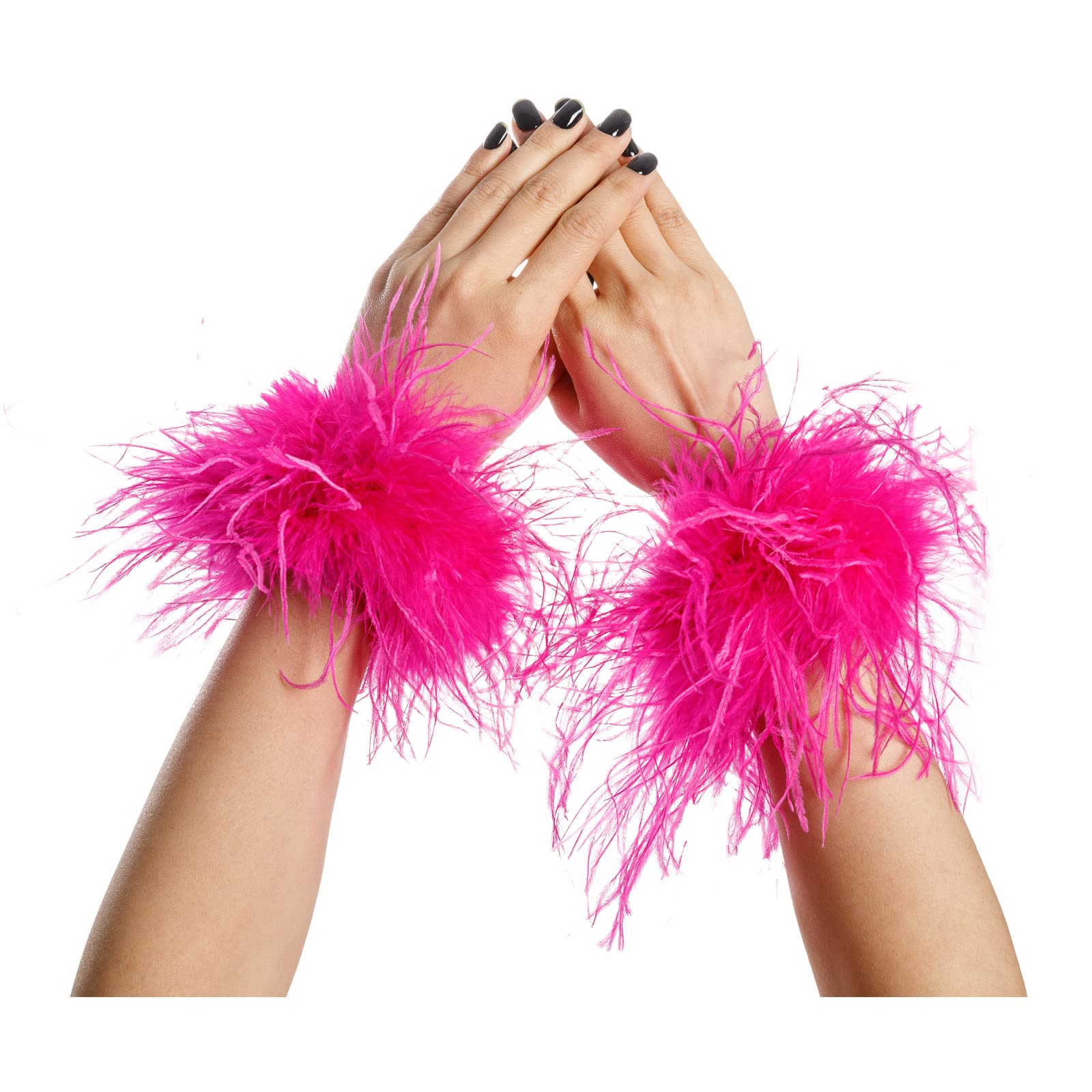 LVCOMEFF Women Ostrich Feather Bracelet Wrist Cuffs Furry for Party Wedding Bride Concert Luxurious (hot pink)…