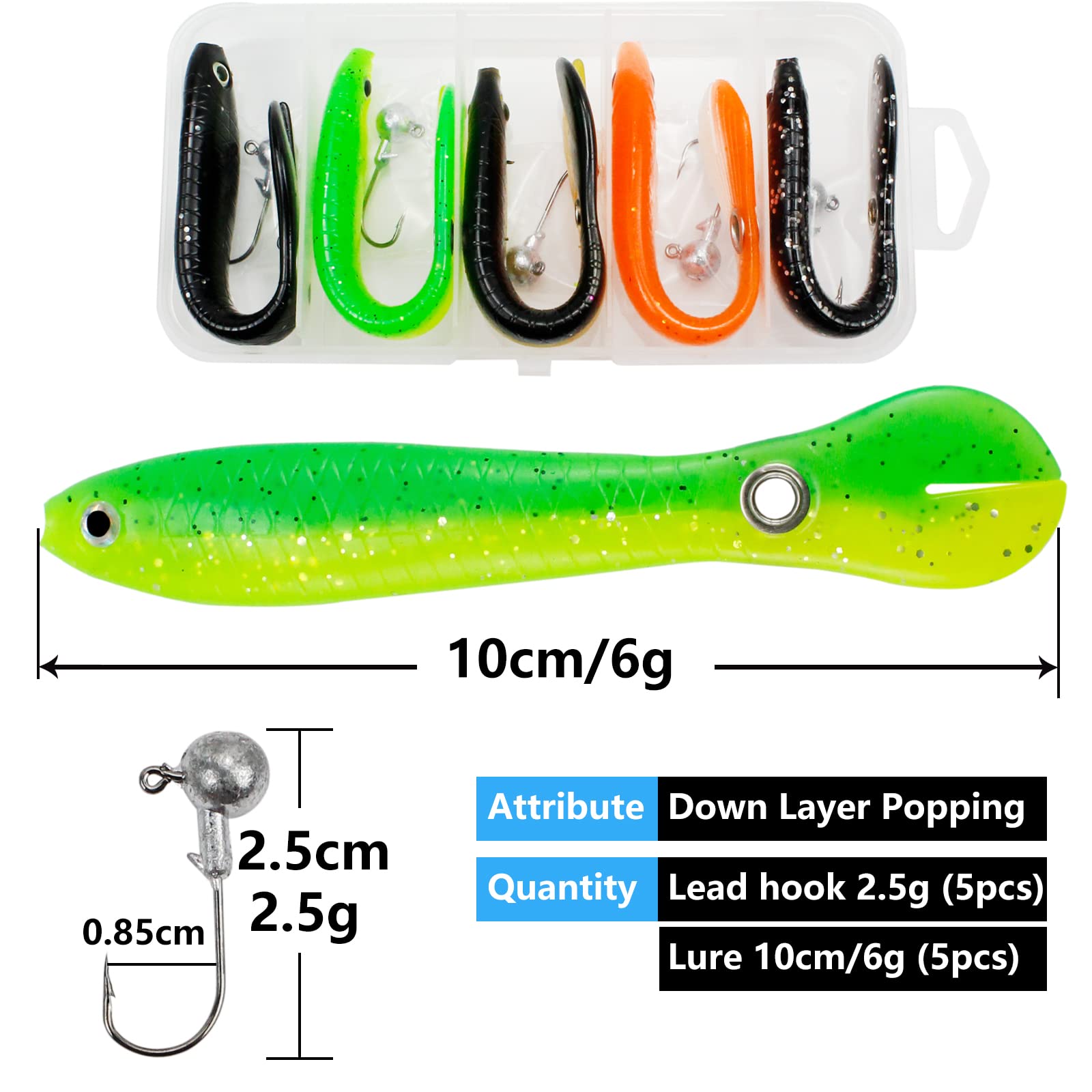 ZRUOYI 5 Pcs Soft Bionic Loach Bass Fishing Lures and Lead Head Jigs Fishing Hooks,Jerk Hopping Swim Bait,Swimming Simulation Lures for Saltwater & Freshwater