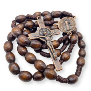 nazareth store st.benedict wood beads rosary necklace cord beaded catholic rosary saint medal with cross in bronze plating