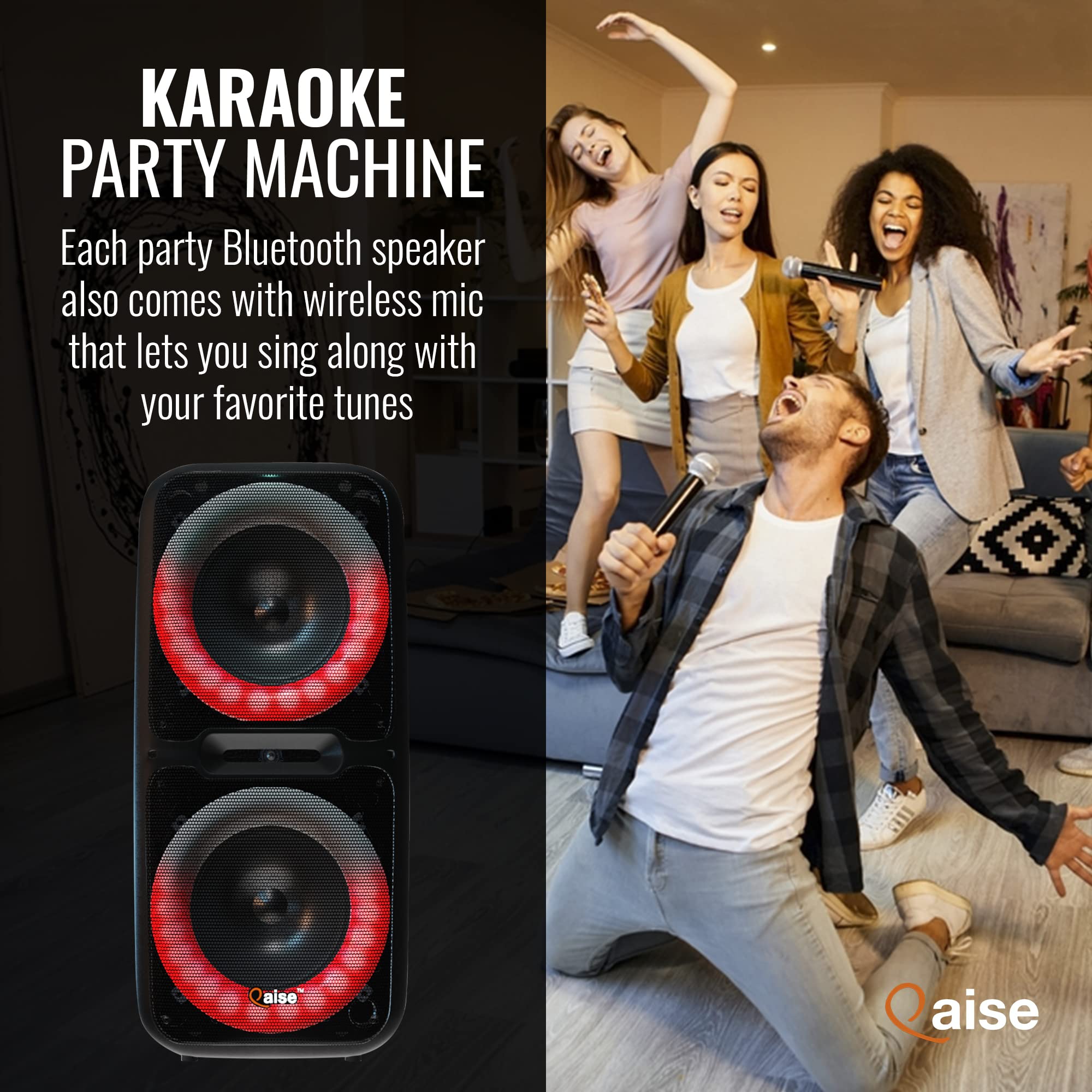 QAISE Portable Bluetooth Speaker & Karaoke Machine - Portable PA System with Wireless Mic, Professional Dual 12” Subwoofer with Lights, 7h Play time, 6000 Watts Peak Power - SonicBoomer X Douze