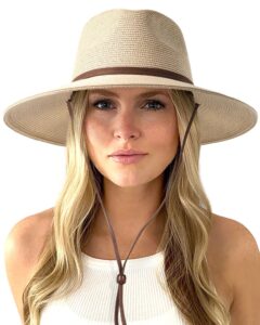 furtalk womens summer straw sun hats wide brim panama fedora beach hat with wind lanyard upf 80+ beige