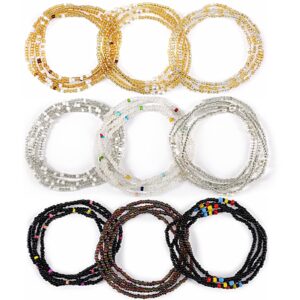 9 Packs Waist Bead Chains for Women Belly Beads Stretchy Waist Beads African Belly Chain Stomach Beads Body Bikini Jewelry (Clear, Black, Gold)