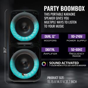 QAISE Portable Bluetooth Speaker & Karaoke Machine - Portable PA System with Wireless Mic, Professional Dual 12” Subwoofer with Lights, 7h Play time, 6000 Watts Peak Power - SonicBoomer X Douze