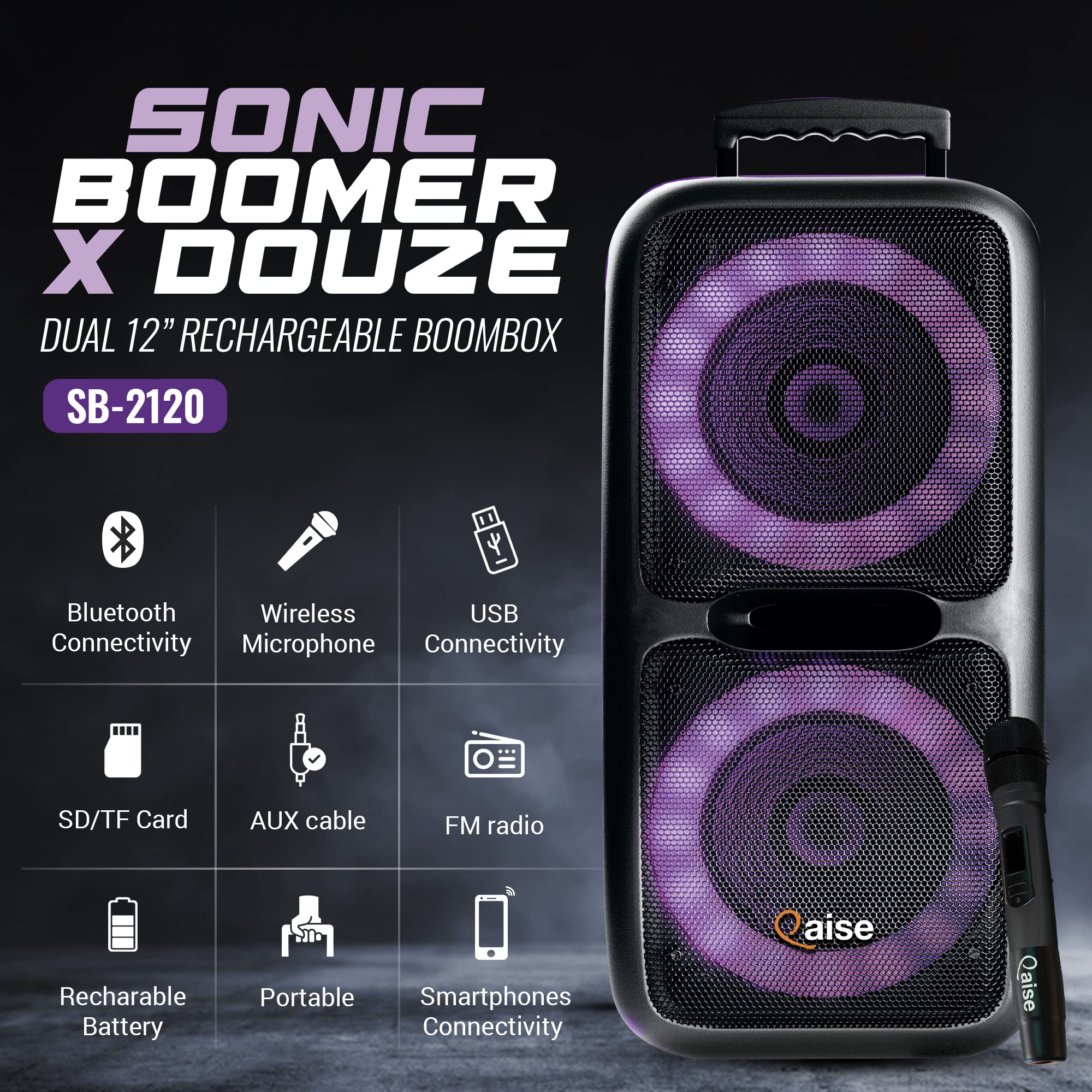 QAISE Portable Bluetooth Speaker & Karaoke Machine - Portable PA System with Wireless Mic, Professional Dual 12” Subwoofer with Lights, 7h Play time, 6000 Watts Peak Power - SonicBoomer X Douze