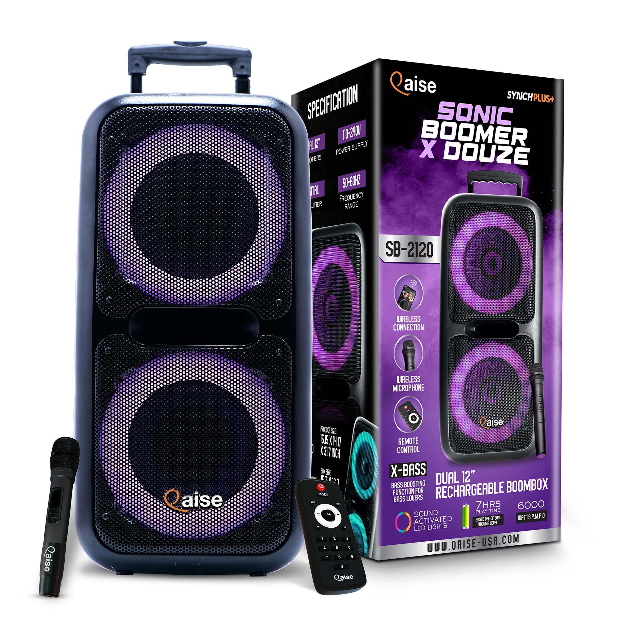 QAISE Portable Bluetooth Speaker & Karaoke Machine - Portable PA System with Wireless Mic, Professional Dual 12” Subwoofer with Lights, 7h Play time, 6000 Watts Peak Power - SonicBoomer X Douze