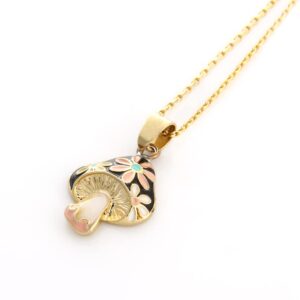 LAONATO Mushroom Shape Pendant Necklace 14K gold plated brass Gifts for Women (Black)