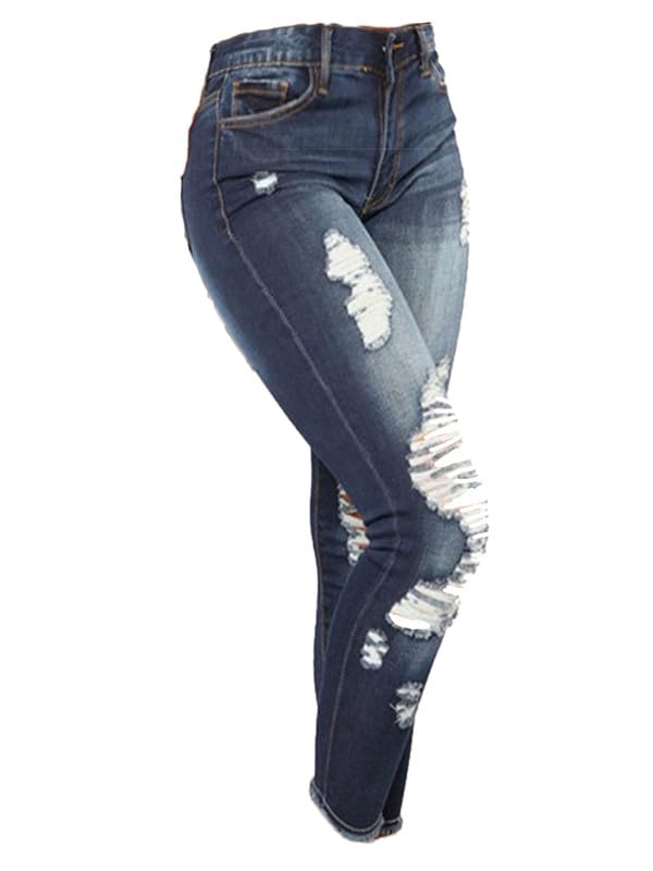 Andongnywell Women's Stretchy Ripped Hole Skinny Jeans Butt Lifting Distressed Denim Pants with Pockets Trousers Blue