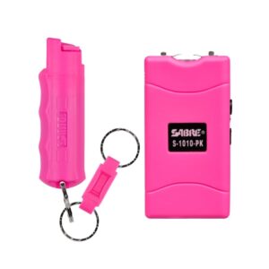 sabre pepper spray and 2-in-1 stun gun and flashlight, 25 bursts of max strength oc spray, intuitive finger grip, 0.54 fl oz, painful 1.160 µc charge, 120 lumens, rechargeable, safety switch, holster