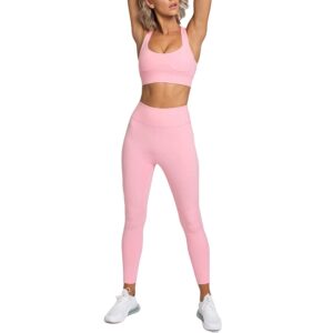 hotexy women workout sets high waisted plain pink yoga leggings with stretch sports bra gym set