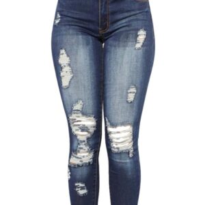 Andongnywell Women's Stretchy Ripped Hole Skinny Jeans Butt Lifting Distressed Denim Pants with Pockets Trousers Blue