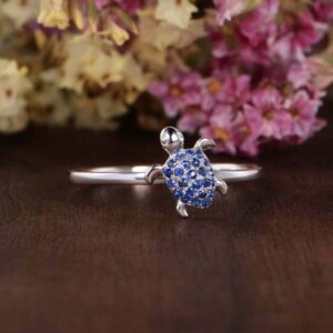 BeBold 1.5ct Round Cut Created Blue Sapphire Sea Turtle Engagement Ring for Women White Gold Plated