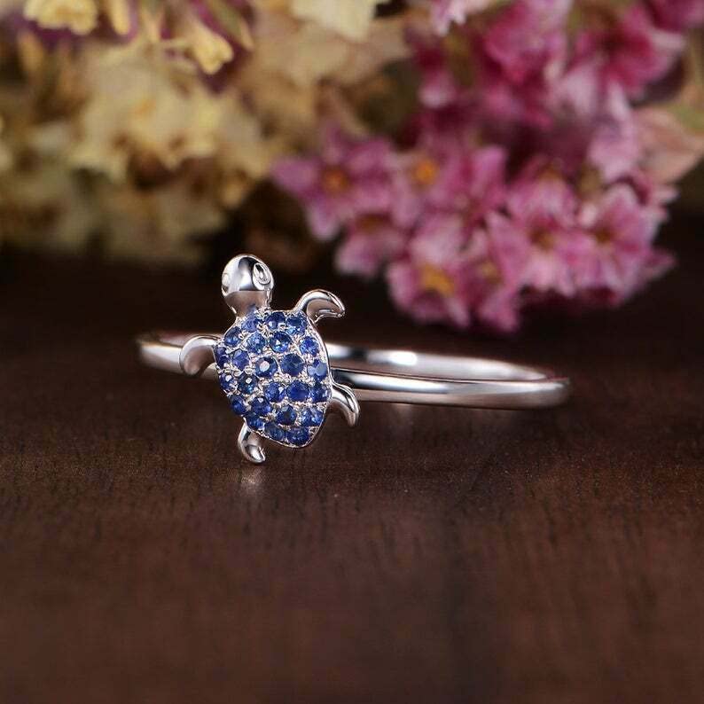 BeBold 1.5ct Round Cut Created Blue Sapphire Sea Turtle Engagement Ring for Women White Gold Plated