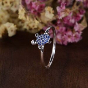 BeBold 1.5ct Round Cut Created Blue Sapphire Sea Turtle Engagement Ring for Women White Gold Plated