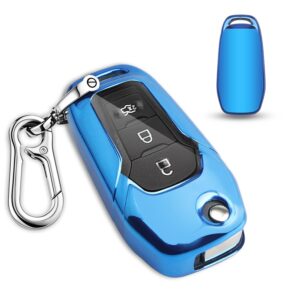 qbuc for ford key fob cover,tpu key case protector compatible with 2015 2016 2017 2018 2019 ford f150 f250,focus 3 escort kuga everest fiesta mustang edge mkv fusion 2016 ranger flip remote key,blue