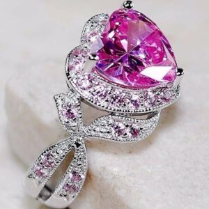 925 Sterling Silver Heart Shape Perfect Cut 3 Carat Pink Gemstone Rings Fashion Women's Pink Crystal Rings Cubic Zirconia Promise Love Halo Engagement Wedding Rings Women's Eternity Rings 560 (7)