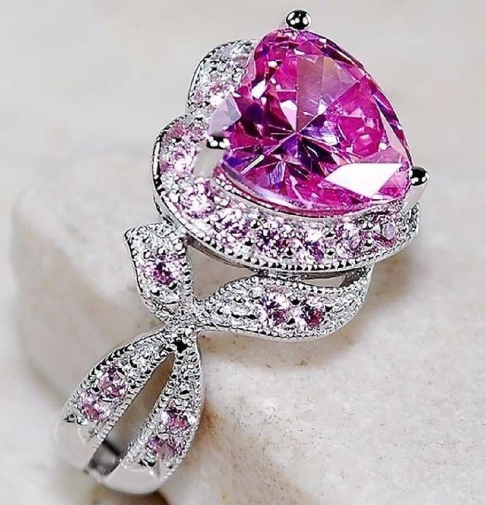 925 Sterling Silver Heart Shape Perfect Cut 3 Carat Pink Gemstone Rings Fashion Women's Pink Crystal Rings Cubic Zirconia Promise Love Halo Engagement Wedding Rings Women's Eternity Rings 560 (7)