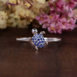 BeBold 1.5ct Round Cut Created Blue Sapphire Sea Turtle Engagement Ring for Women White Gold Plated