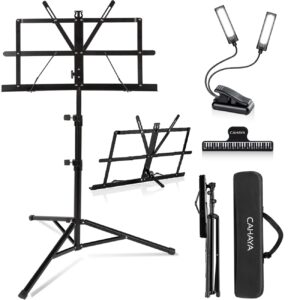 cahaya dual-use reinforced folding sheet music stand with stand light & desktop book stand lightweight portable adjustable with carrying bag including music sheet clip holder