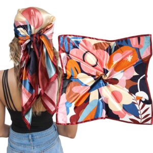 awaytr 35” large square satin head scarf - silk hair scarf square hair bandanas large scarf sleeping head wraps neck scarf for women hair wrap (flower)