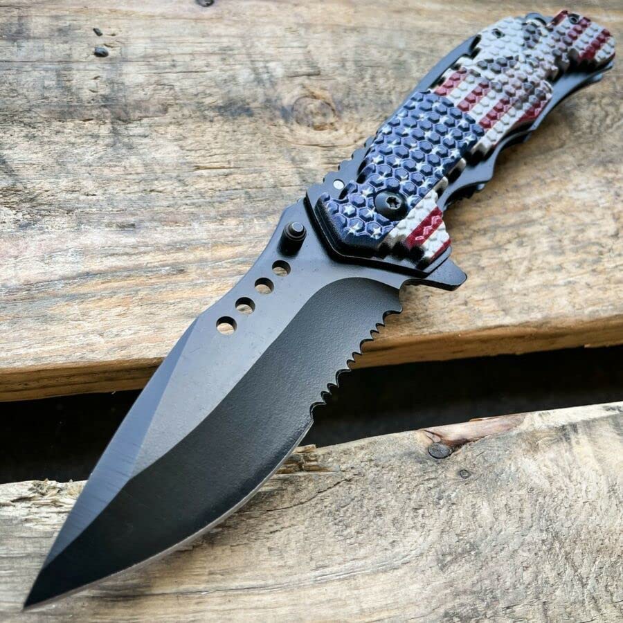 American Flag Open Folding Pocket Knife Blade Skull Mouth Flag Outdoor Survival Hunting Knife by Survival Steel