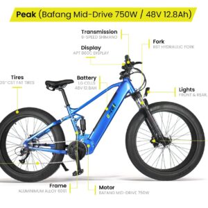 ETEK Peak eBikes for Adults - Bafang MID-Drive 750W Electric Mountain Bikes - 26" CST Fat Tires & Dual Shock Absorber Electric Bike with 48V 14Ah Battery - 9 Speed Bicycle - APT 860C LCD