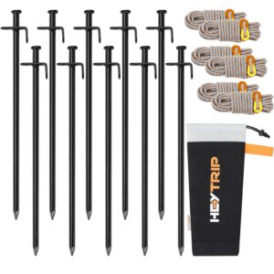 heytrip 10pcs 12inch heavy duty tent stakes with 13ft reflective guy lines and storage bag, outdoor camping pegs for tent tarp canopy