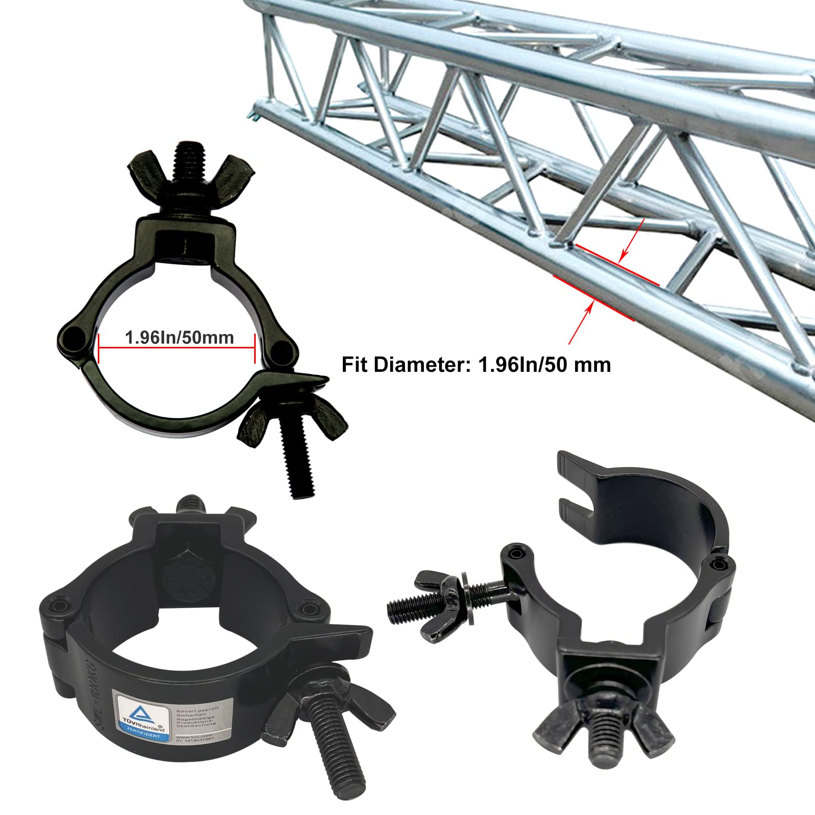 6 Pack O-Clamp Stage Lights Truss Clamp, 2" Aluminum Light Clamps, LED PAR DJ Spots Lights Moving Head Beam Spot Clamps, Fit for 48-51mm (1.88-2") OD Tube/Pipe, Heavy Duty 220lbs, TUV Certificated