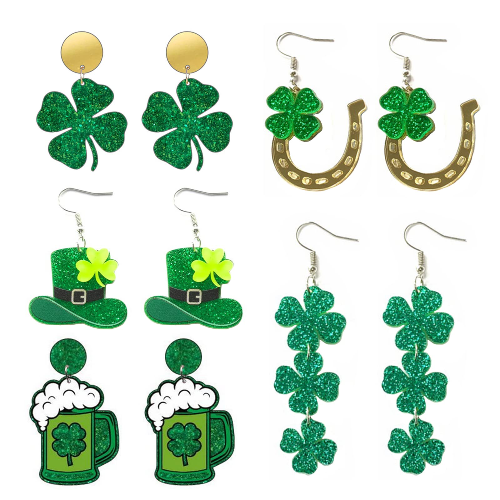 5Pairs St Patrick's Day Earrings Bulk for Women Shamrock Earrings Green Lucky Clover Dangling Earrings Funny Irish Beer Holiday Jewelry Set Gift for Women