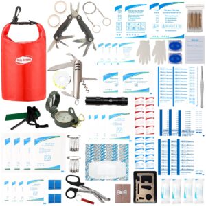 well-strong 234pcs waterproof first aid kit with survival camping compass, boat emergency kit with survival tools for fishing kayaking boating rafting red 3l