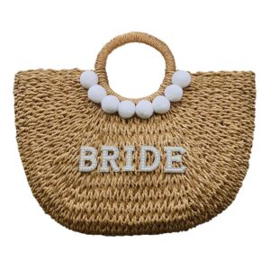 purerejuva bride beach bag- handwoven straw –rhinestone & pearl letters – bachelorette beach tote- honeymoon bag