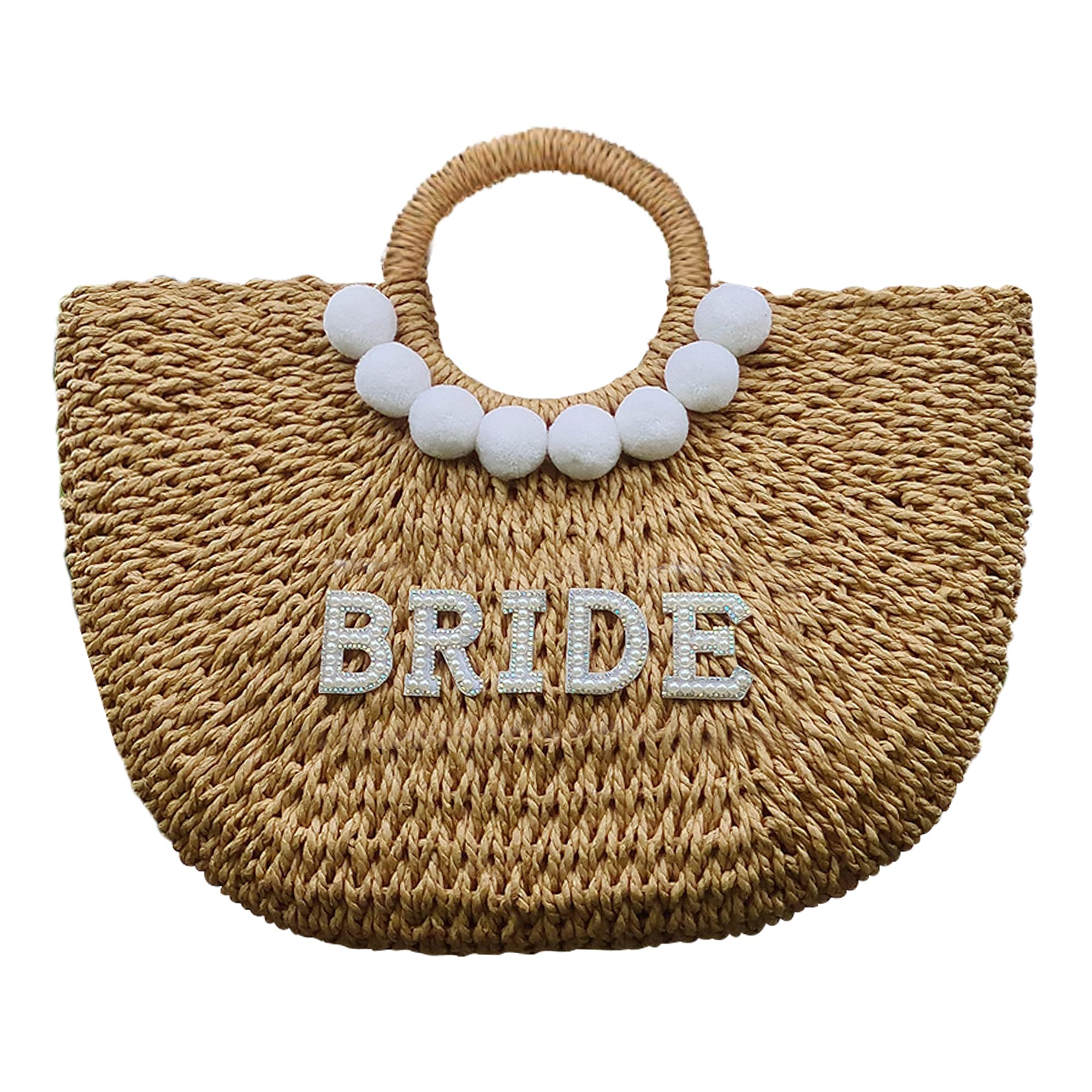 PureRejuva Bride Beach Bag- Handwoven Straw –Rhinestone & Pearl Letters – Bachelorette Beach Tote- Honeymoon Bag