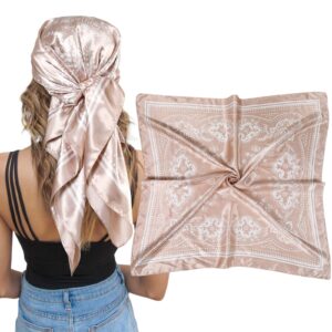 awaytr 35” large square satin head scarf - square hair bandanas large scarf sleeping head wraps satin neck scarf for women hair wrap (paisley(camel))