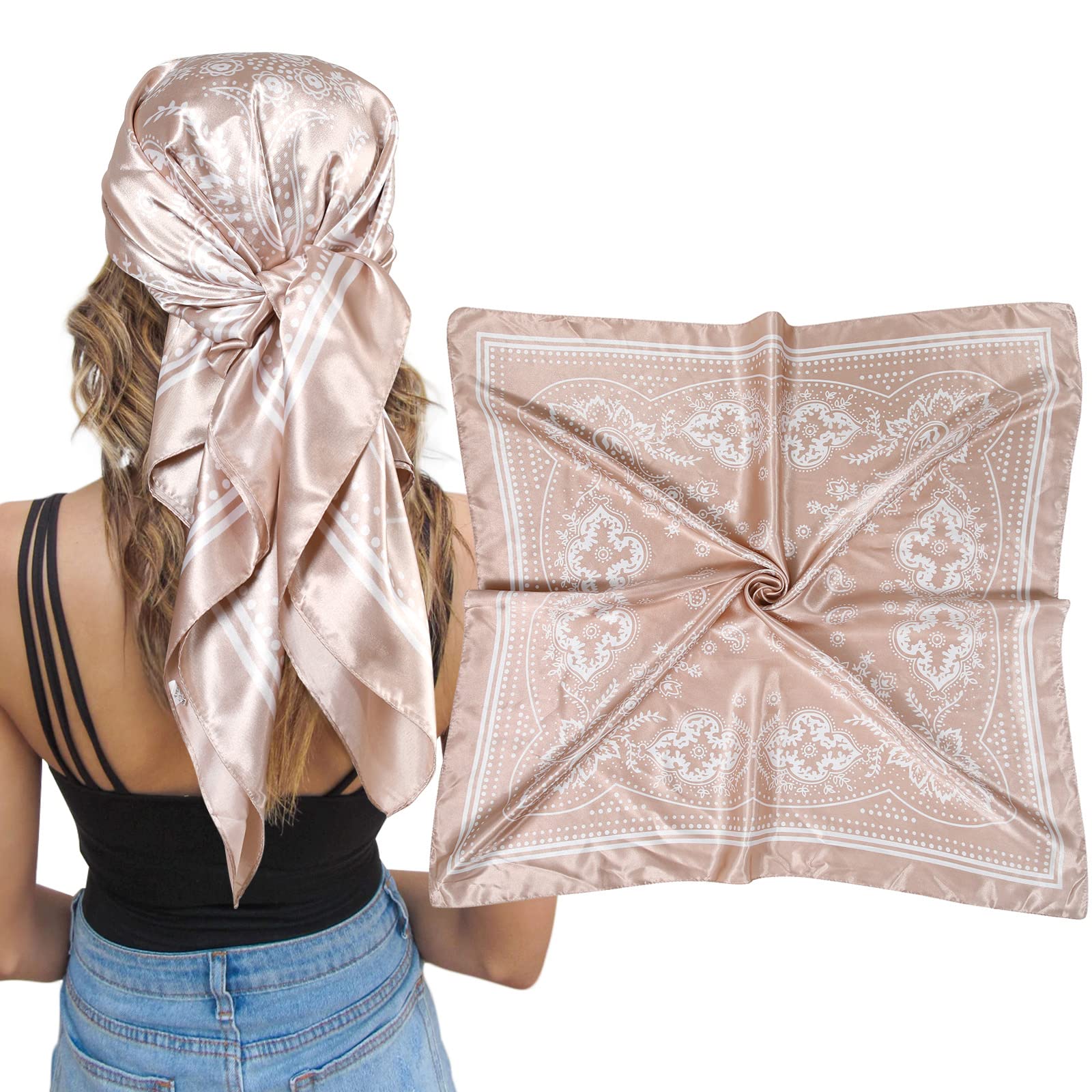 AWAYTR 35” Large Square Satin Head Scarf - Square Hair Bandanas Large Scarf Sleeping Head Wraps Satin Neck Scarf for Women Hair Wrap (Paisley(Camel))