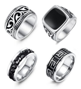 jstyle 4pcs stainless steel signet biker rings set cuban chain spinner ring vintage celtic knot band rings beveled polished edge comfort fit 9