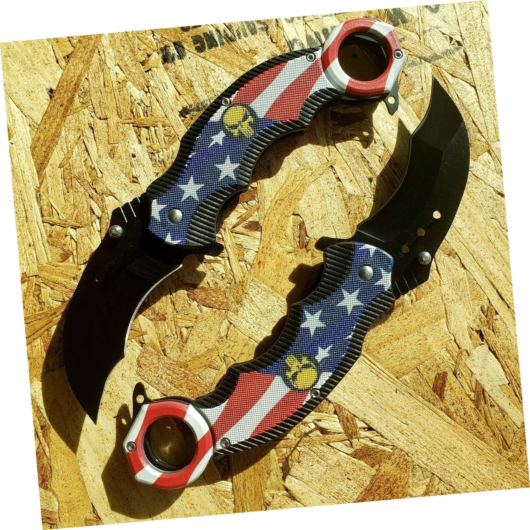 7.7" Open Folding Pocket Knife Karambit American Flag Skull Outdoor Survival Hunting Knife by Survival Steel