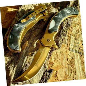 open folding pocket knife belt clip gold marble outdoor survival hunting knife by survival steel