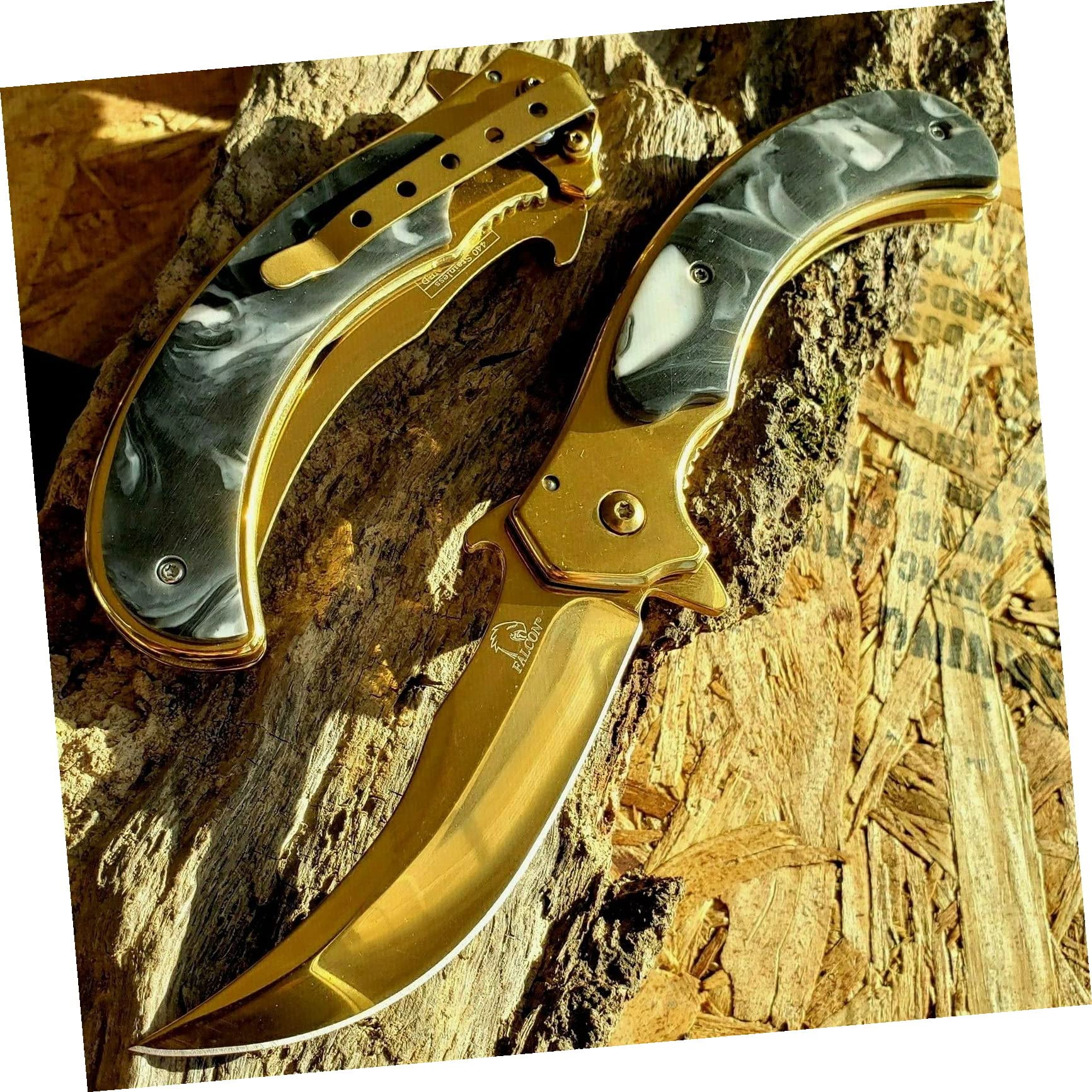 Open Folding Pocket Knife Belt Clip Gold Marble Outdoor Survival Hunting Knife by Survival Steel