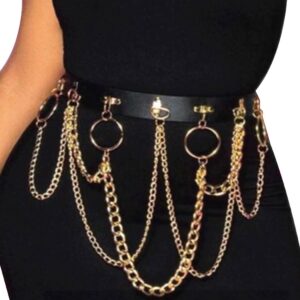 bodiy layered waist chain belts black leather circle punk gothic belly body chain rave accessories strap festival body jewelry for women and girls (gold)