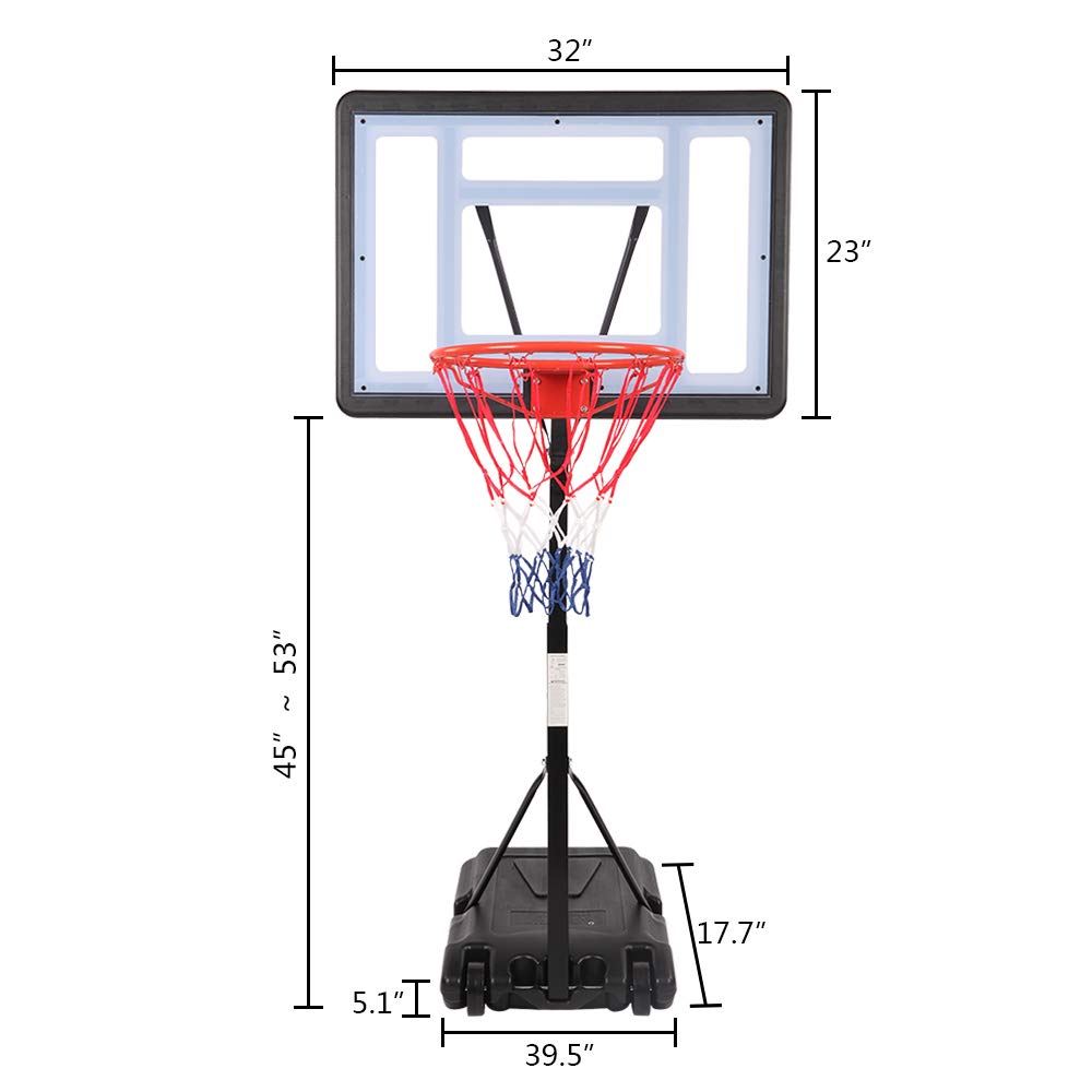 Homtoozhii PVC Transparent Board Basket Frame Adjustable 115-135cm Poolside Basketball Hoop Portable Basketball Goal Outdoor Water Tank PE Blow Molding (Black)