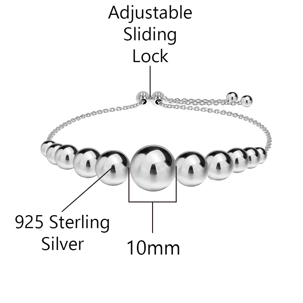 Savlano 925 Sterling Silver 14K Gold Plated Italian Solid Adjustable Bolo Graduated Bead Ball Slider Bracelet Comes With Gift Box for Women - Made in Italy (White)