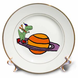 3drose 8 inch porcelain plate - cute funny green t-rex dinosaur ice sking on saturn ring dinosaurs