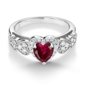 Gem Stone King 925 Sterling Silver Heart Shape Created Ruby and White Moissanite Women Ring (1.14 Cttw, Heart Shape 6MM, Available In Size 5, 6, 7, 8, 9)