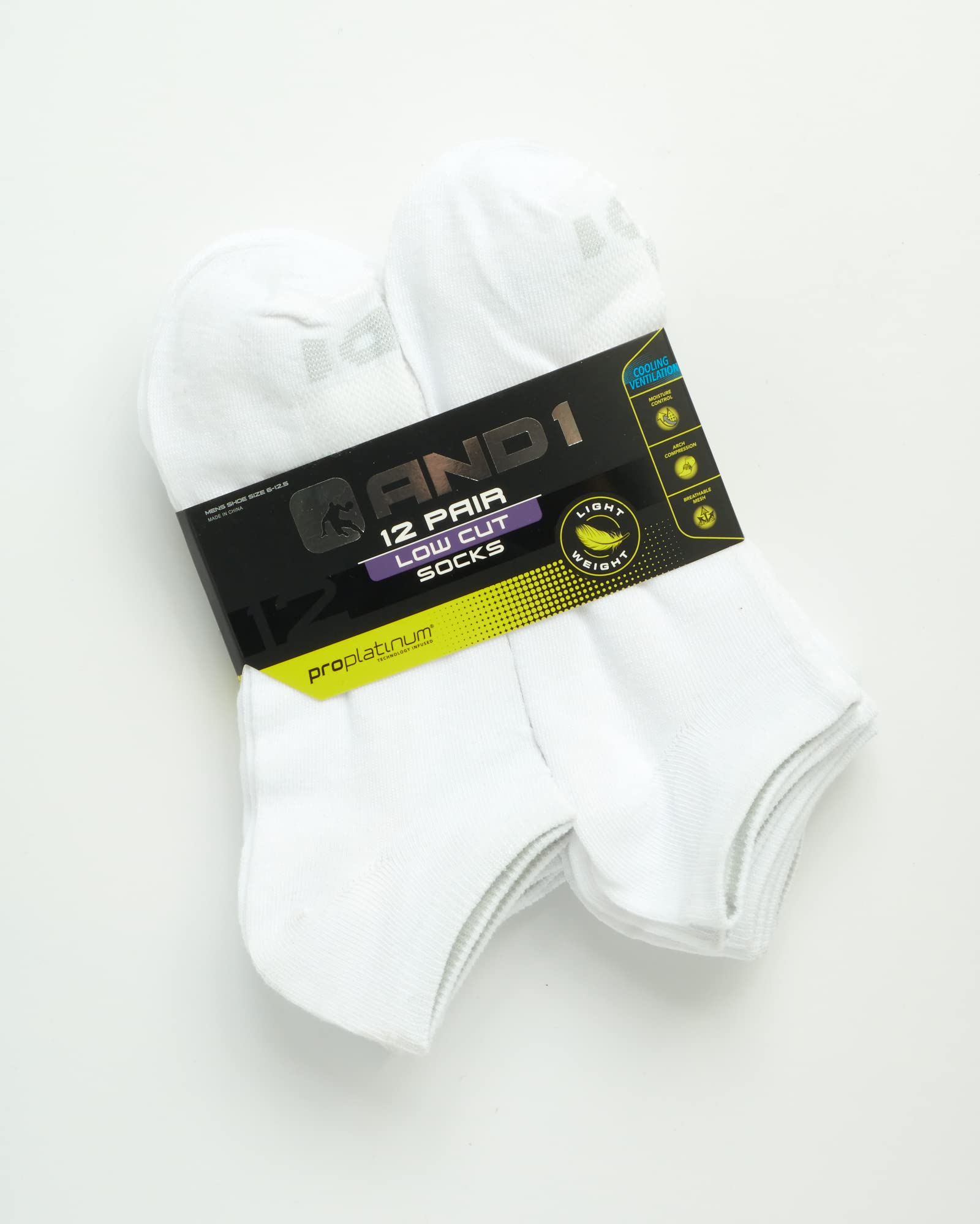 AND1 Men's Socks - PROPLATINUM Lightweight Low Cut Socks (12 Pack), Size Shoe size 6-12.5, White