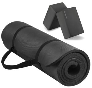 fitvids all purpose 1/2-inch extra thick high density anti-tear exercise yoga mat with carrying strap and yoga blocks, black