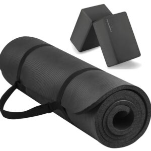 Fitvids All Purpose 1/2-Inch Extra Thick High Density Anti-Tear Exercise Yoga Mat with Carrying Strap and Yoga Blocks, Black