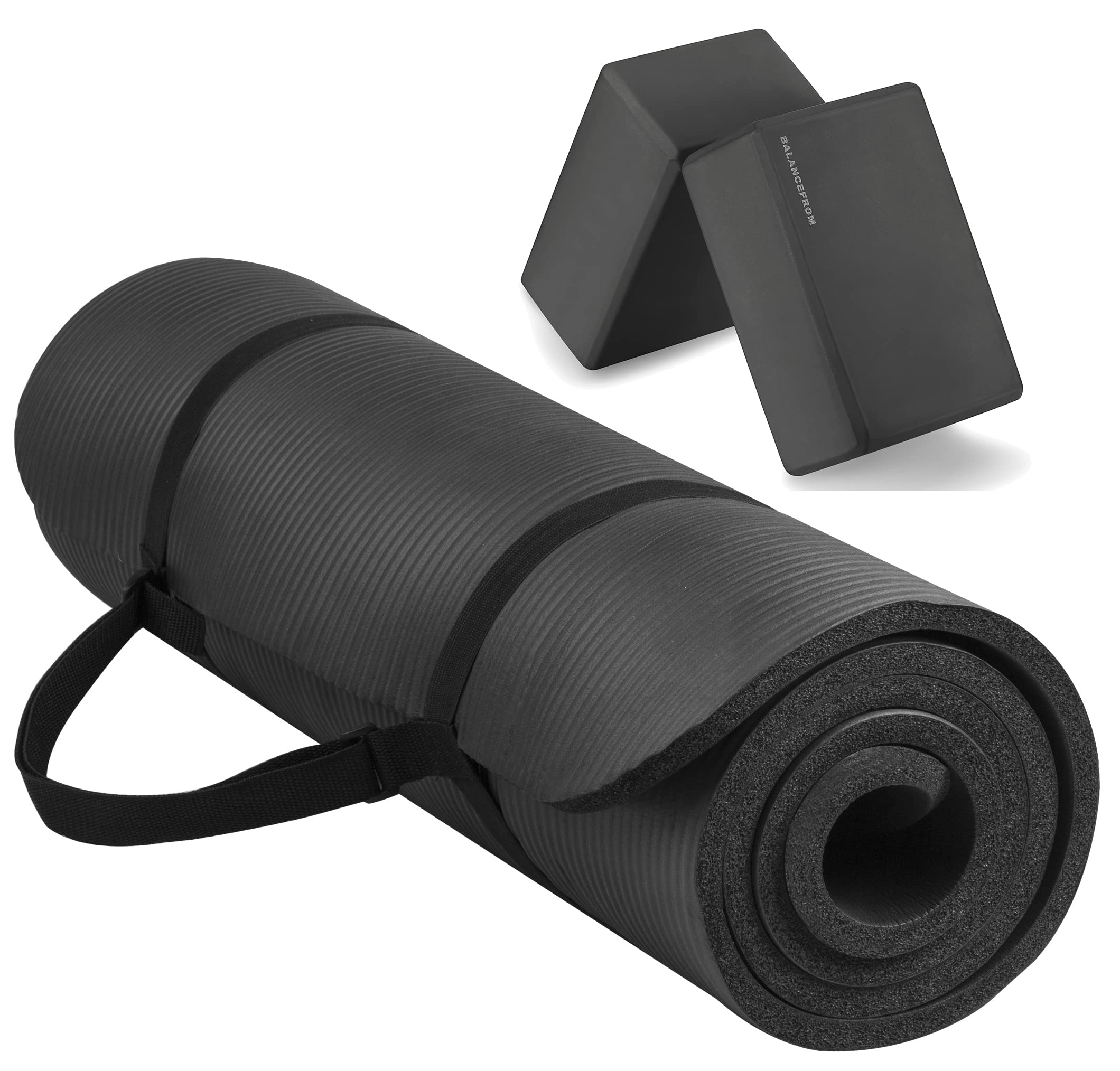 Fitvids All Purpose 1/2-Inch Extra Thick High Density Anti-Tear Exercise Yoga Mat with Carrying Strap and Yoga Blocks, Black