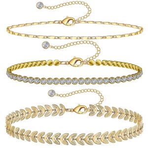 tennis gold ankle bracelets for women 14k gold plated anklet gold crystal cubic zirconia rhinestone anklet leaf handmade chain dainty layered anklet set 3pcs