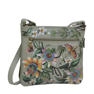 anuschka women’s genuine leather expandable travel crossbody - hand painted exterior - floral passion