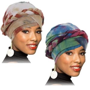 woeoe african turban head wraps tie dye braid beanie cap headwrap soft stretch head cover cap headwear for women and girls(pack of 2)