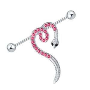 14g coiled snake industrial barbell earring, stainless steel cartilage body piercing jewelry- snake with pink rhinestone- industrial piercing bar for women, 38mm, 3.8x1.6cm (xif71724627d30bgsmaw6)